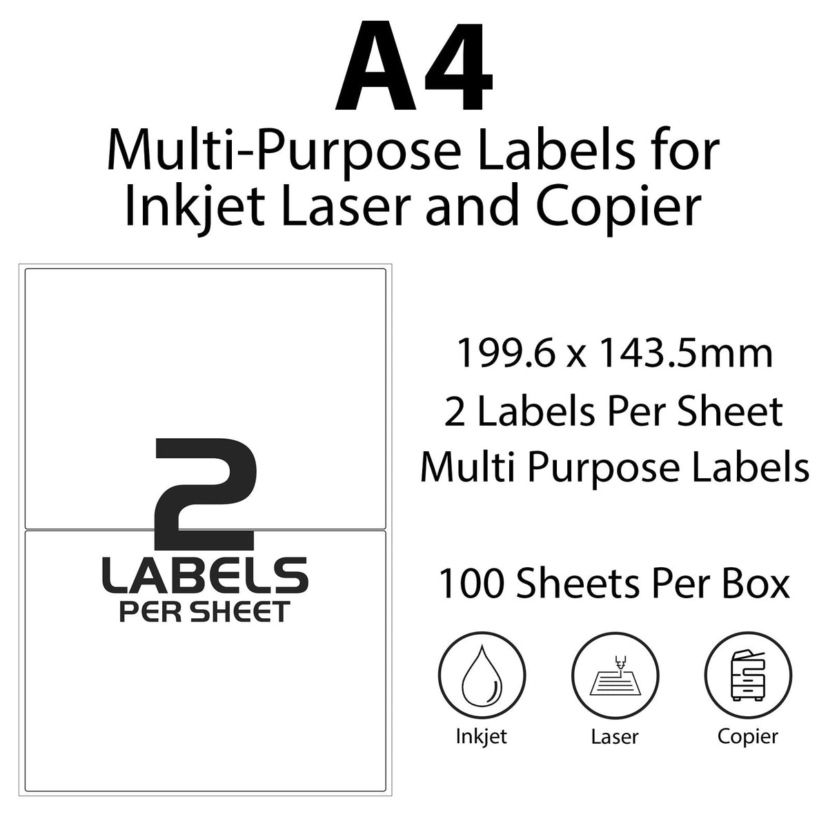 Self Adhesive Printer Labels 2 Printer Labels per Sheet 199mm x 144mm ...