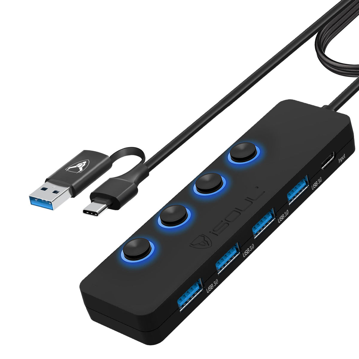 iSOUL 2-in-1 3.0 Hub 4-Port USB Hub Powered with LED Switches USB-C Hu ...