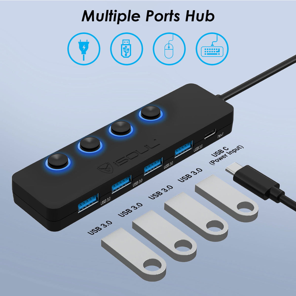 iSOUL 2-in-1 3.0 Hub 4-Port USB Hub Powered with LED Switches USB-C Hu ...