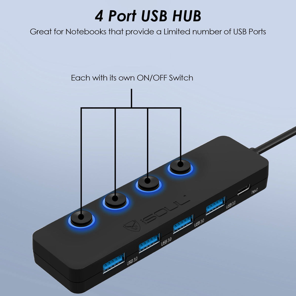 iSOUL 2-in-1 3.0 Hub 4-Port USB Hub Powered with LED Switches USB-C Hu ...
